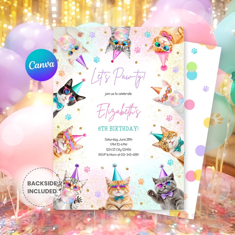 Editable Cat Birthday “let’s Pawty” Invitation – Kitten Party Invite ...