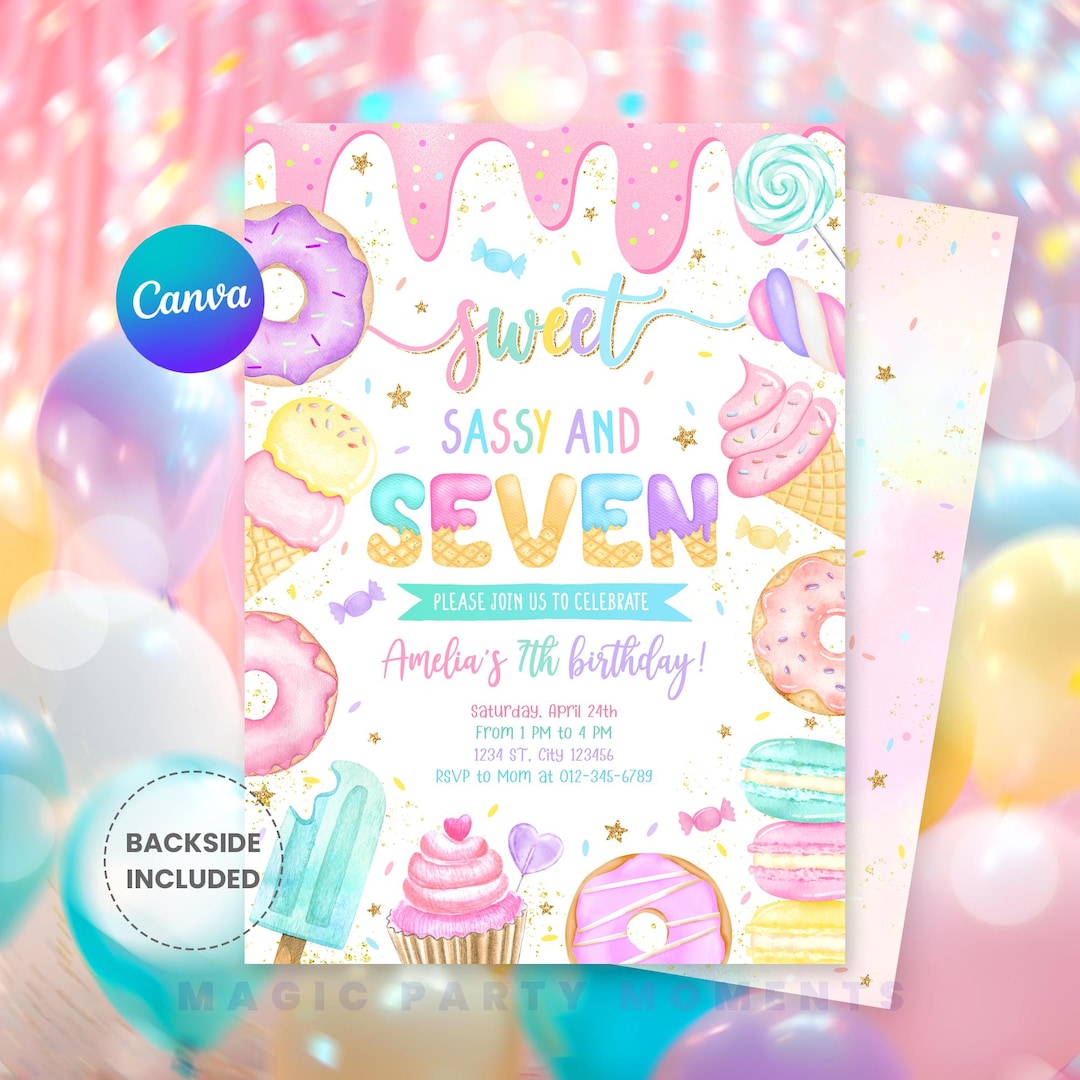 Sweet Sassy and Seven Birthday Invitation - 7th Birthday Girl Invite ...