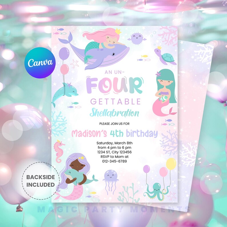 Editable Mermaid 4th Birthday Invitation: Under the Sea Party (digital ...