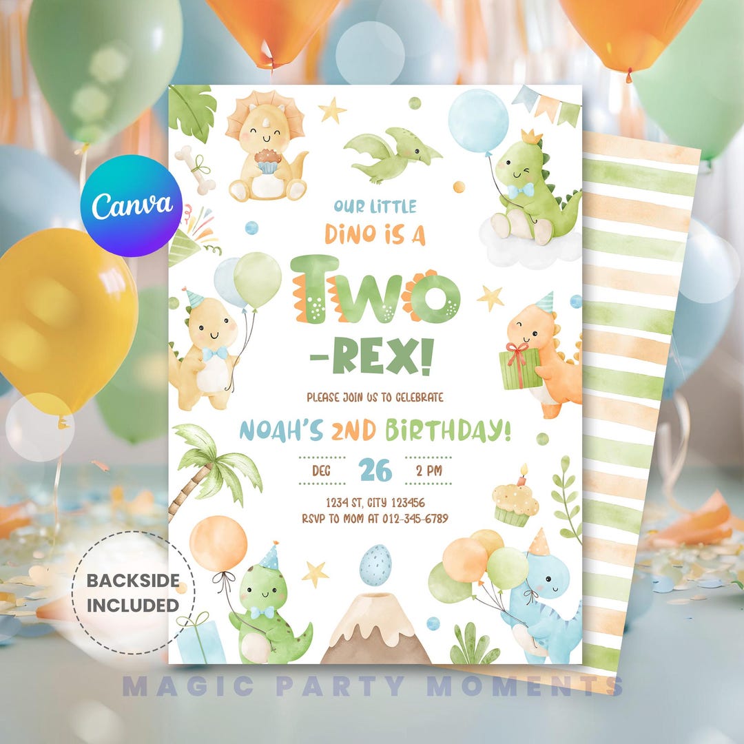 Editable Two-rex Dinosaur 2nd Birthday Invitation – Pastel Cute Girl ...