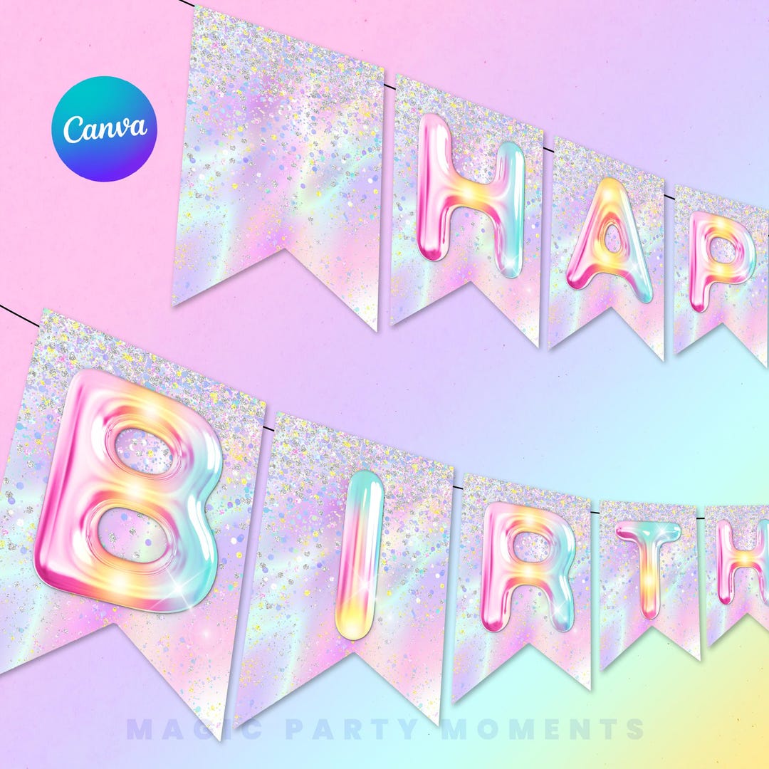 Editable Happy Birthday Banner | Rainbow Glitter Pink Pastel Girls ...