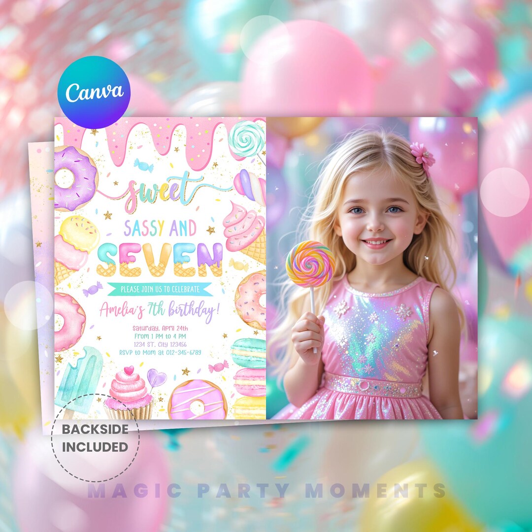 Sweet Sassy Seven Birthday Invitation: Candy Donut Theme (instant ...