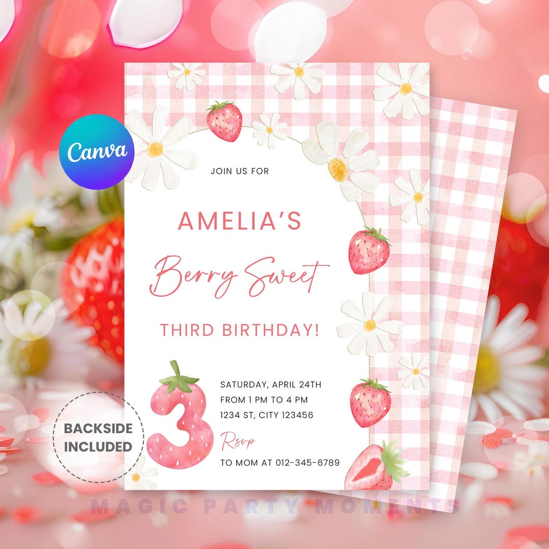 Editable Berry Sweet Third Birthday Invitation Printable Strawberry ...