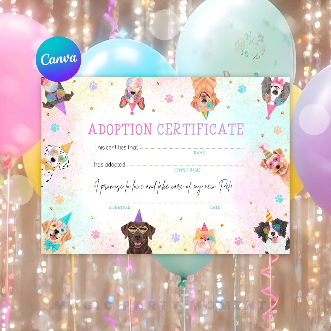 Pet Adoption Certificate | Adopt a Puppy Party | Dog Birthday Girl Pink ...