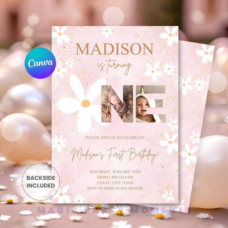 Daisy First Birthday Invitation: Boho Floral Photo Invite (digital ...