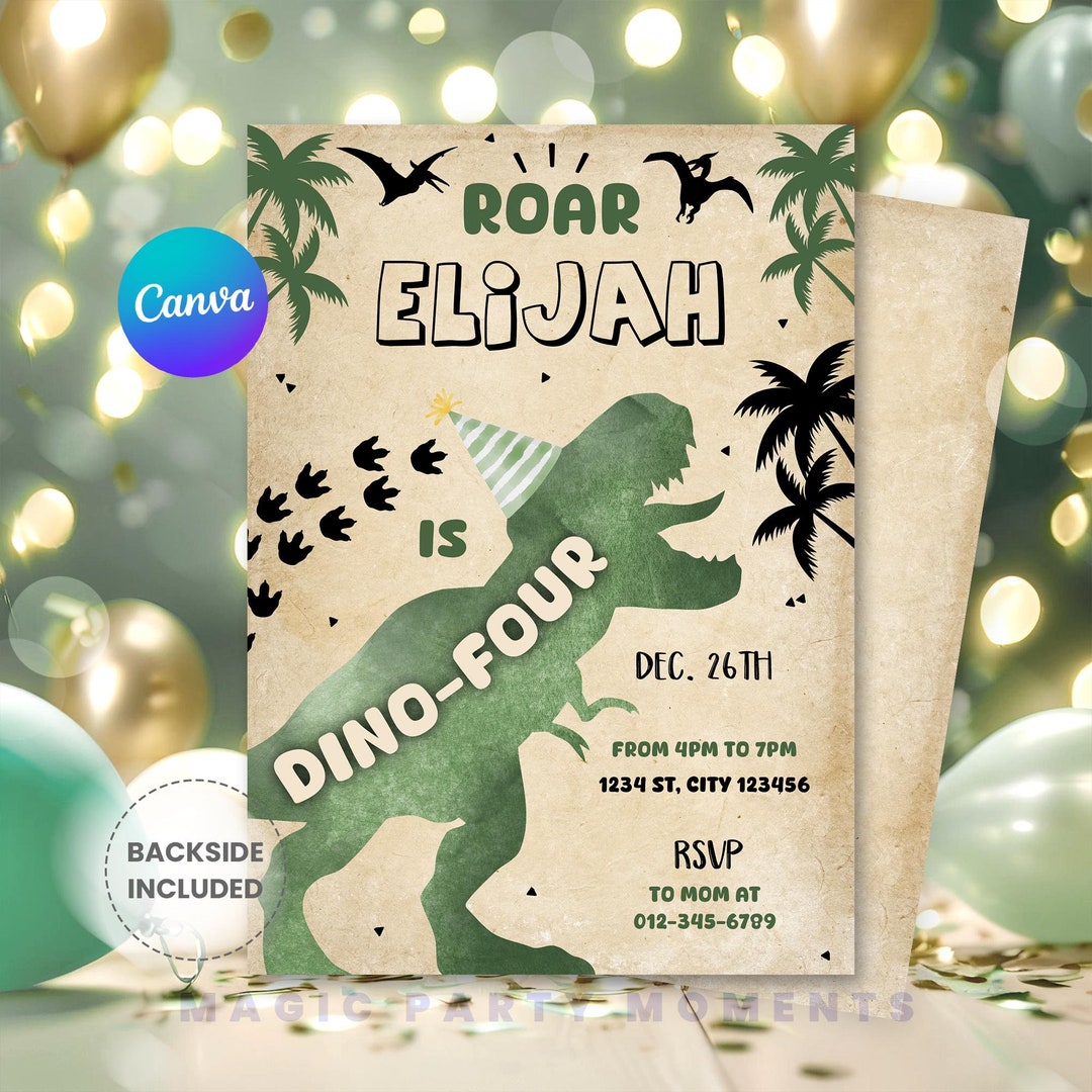 Editable Dino Four Invitation Dinosaur 4th Birthday Party Invitation ...