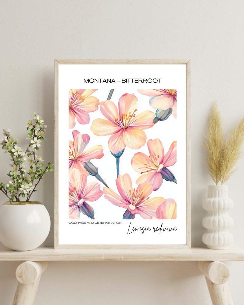 Montana State Flower Wall Art - Bitterroot Floral Print, Unique ...