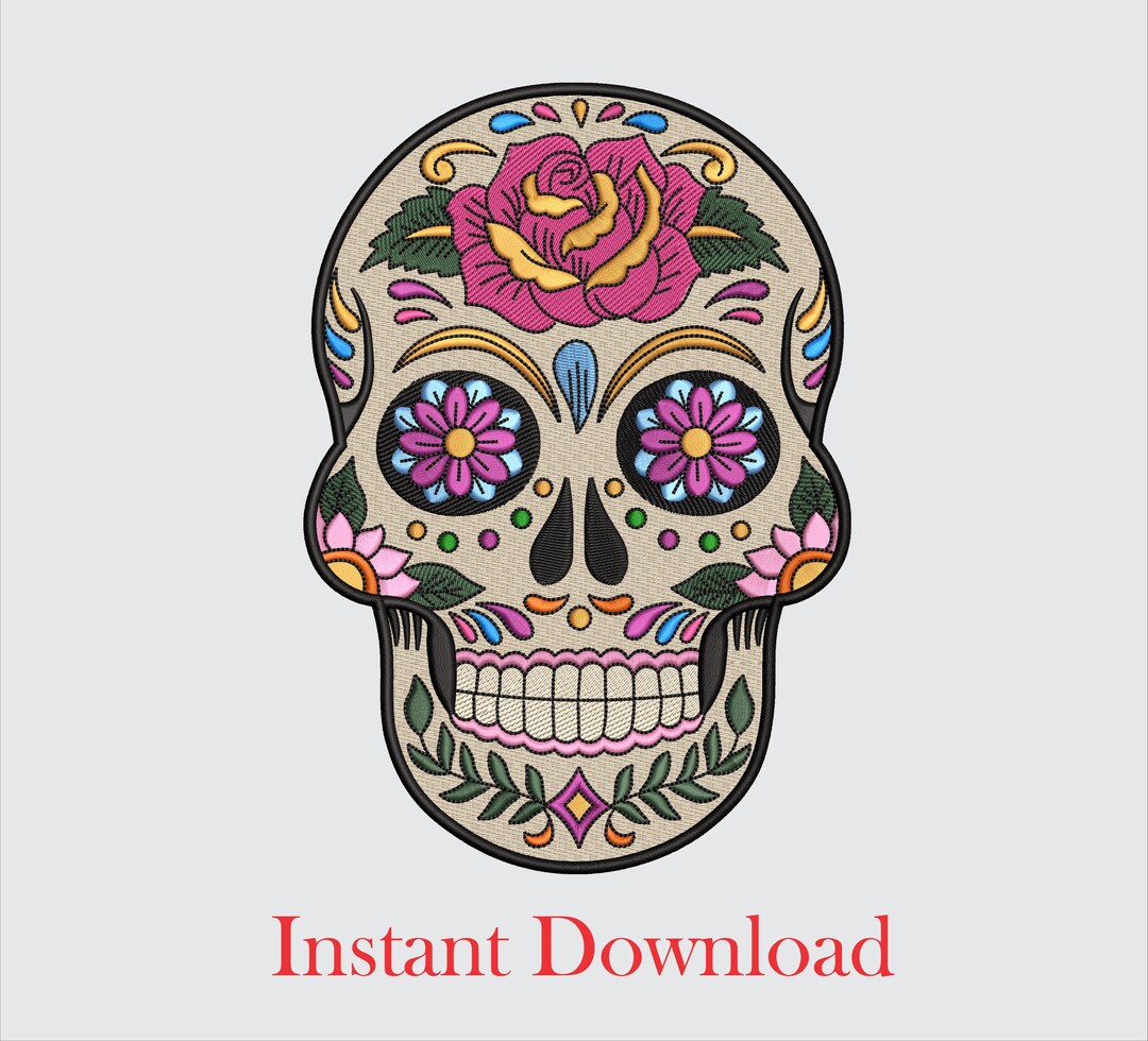 Floral Skull Embroidery Design | Colorful Skull | DST File | Skull ...