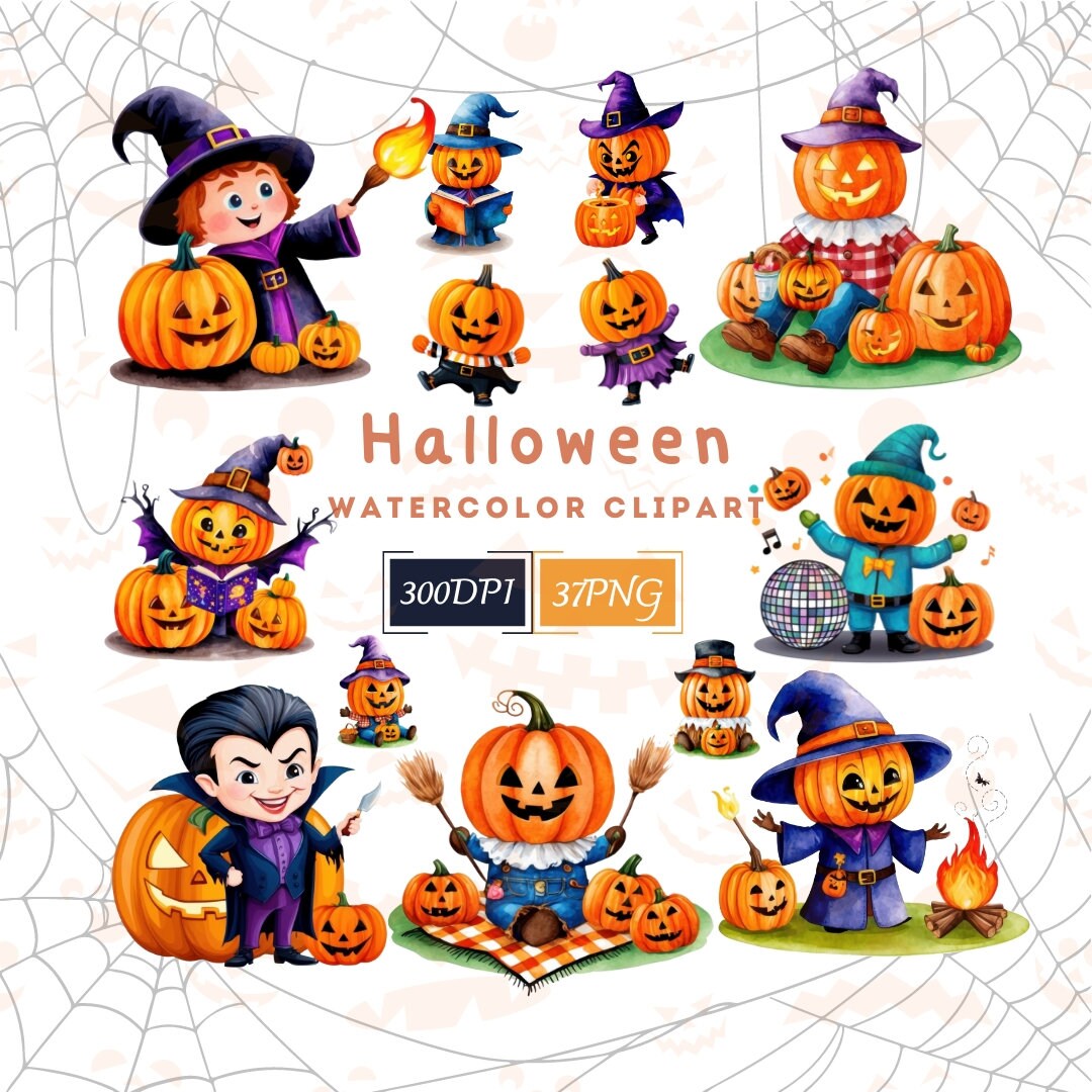 Cute Halloween Watercolor Clipart Set 300 DPI Transparent Background ...