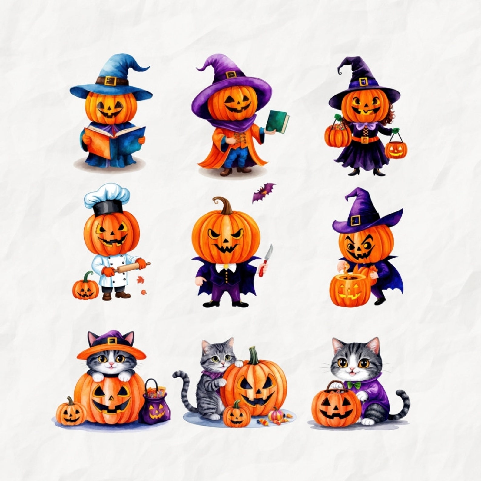 Cute Halloween Watercolor Clipart Set 300 DPI Transparent Background ...