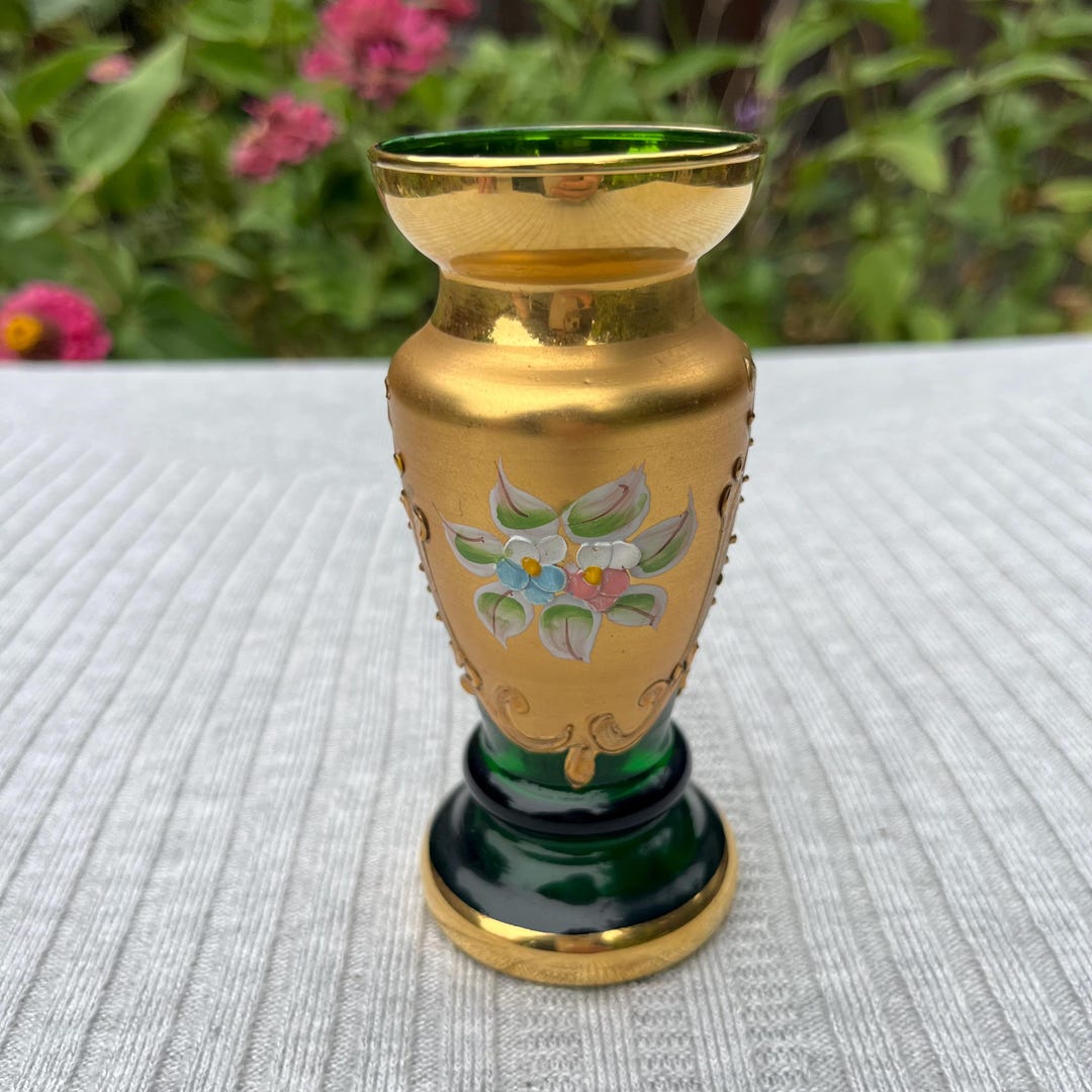 Murano Emerald Green Bud Vase: Gold Overlay Bohemian Glass - Etsy