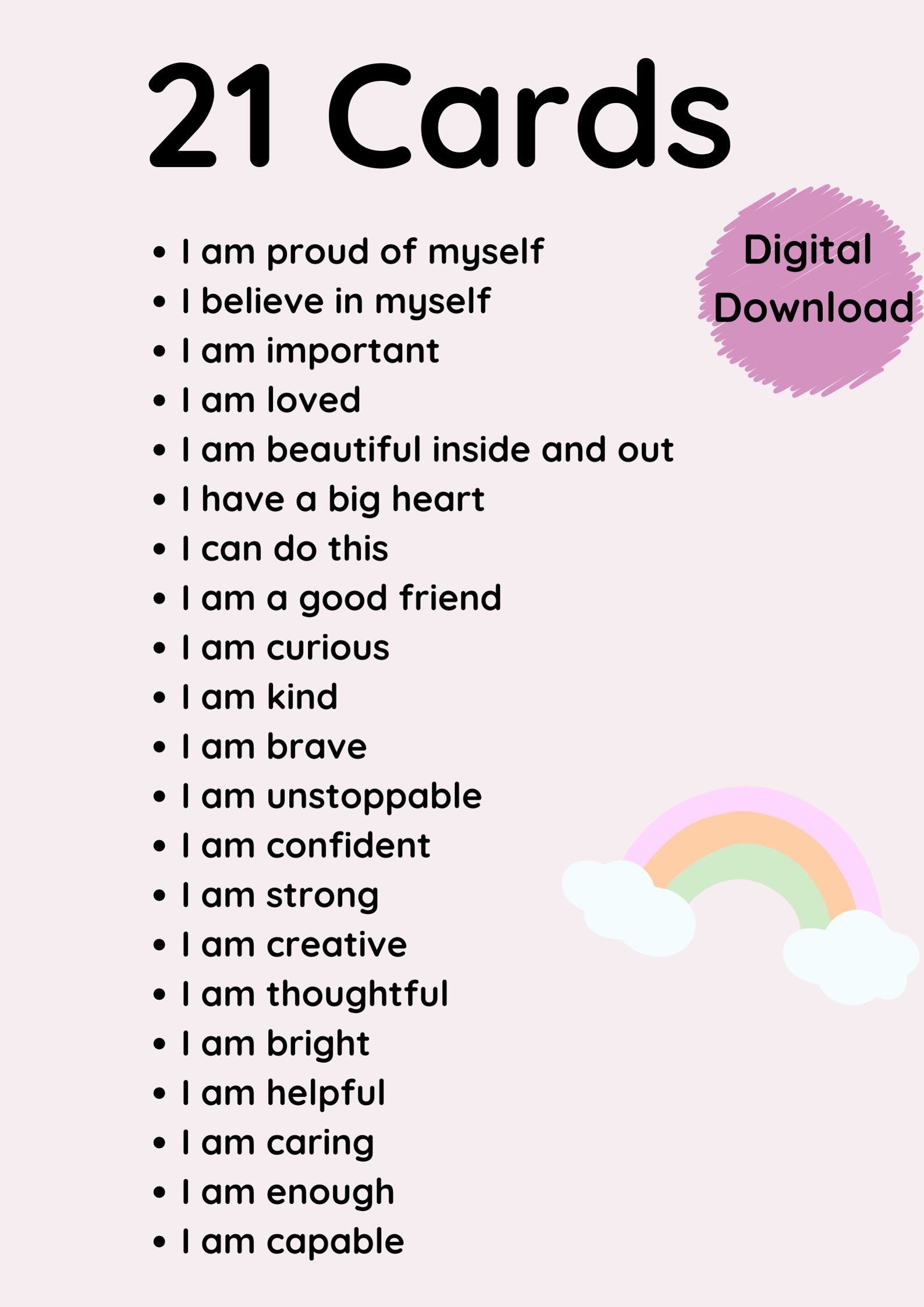 21 Affirmation Cards for Kids Printable, Positive Affirmation Cards ...