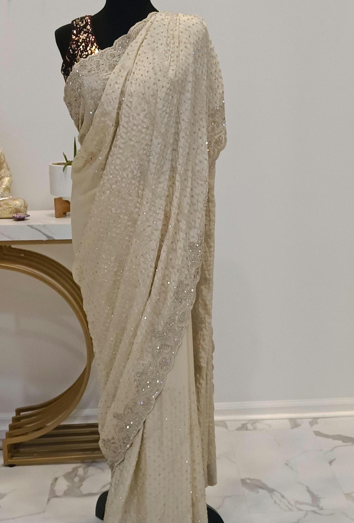 Pure Crepe Silk Sequin Work Ivory Colour Saree With Readymade Blouse - Etsy