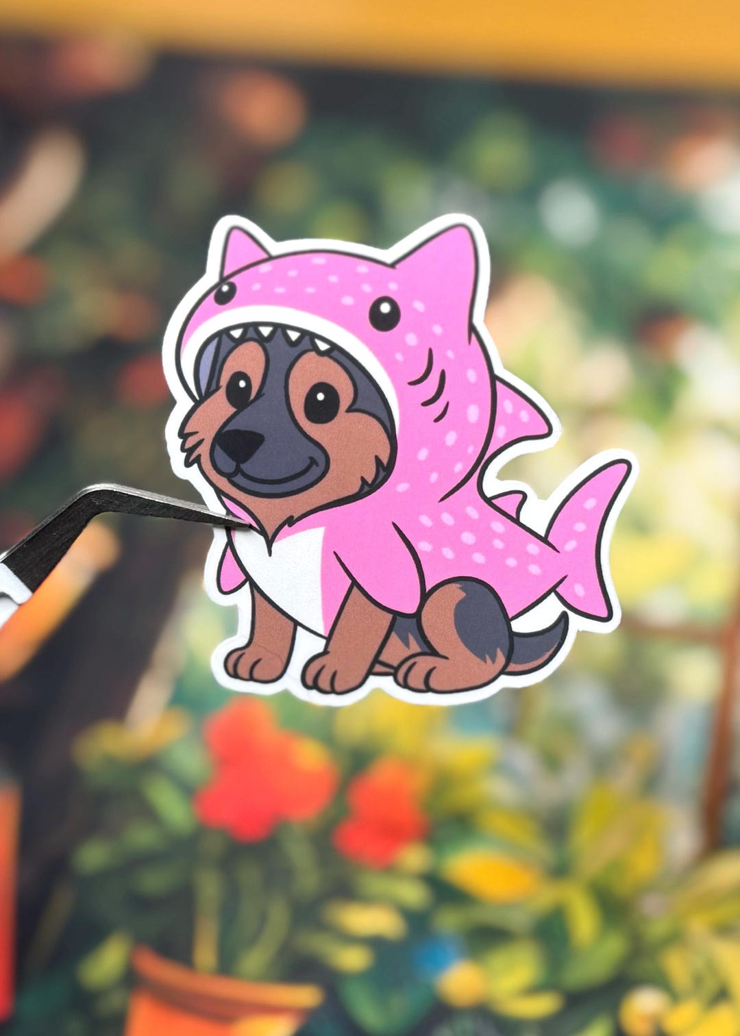 German Shepherd in Pink Shark Costume, Kawaii Art Stickers, Dog Lover ...