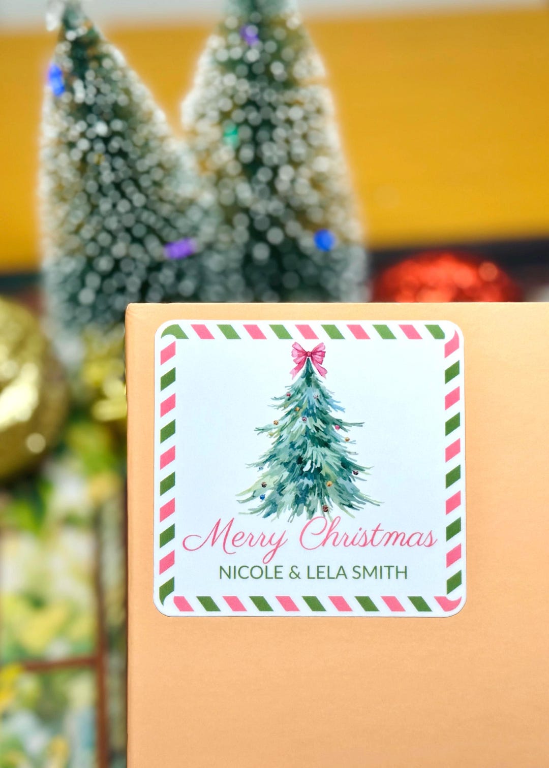 Watercolor Christmas Tree Gift Tags, Family Name Stickers - Etsy