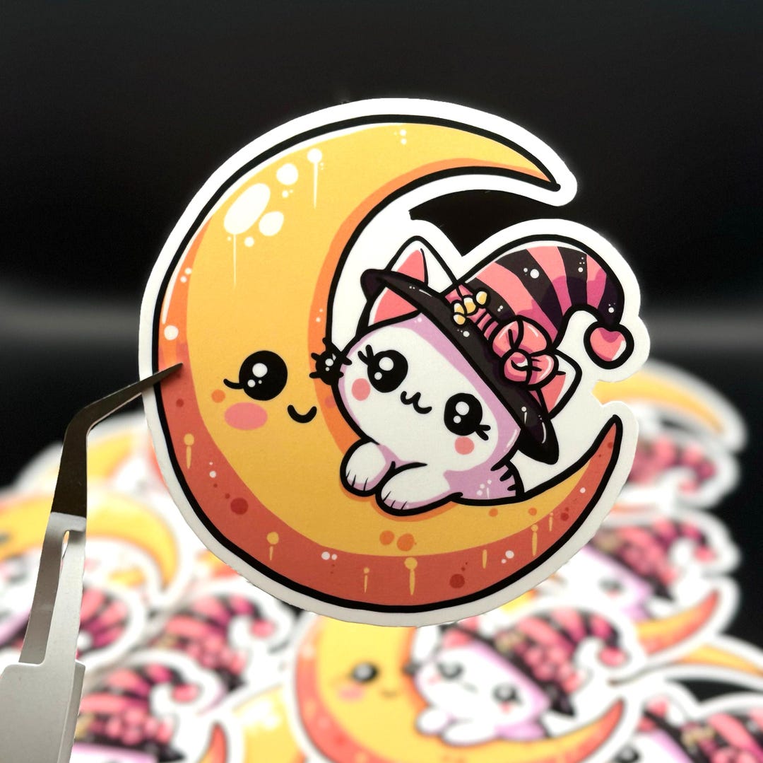 Cat Moon Sticker, Kawaii Art, Large Planner Stickers, Celestial Design ...