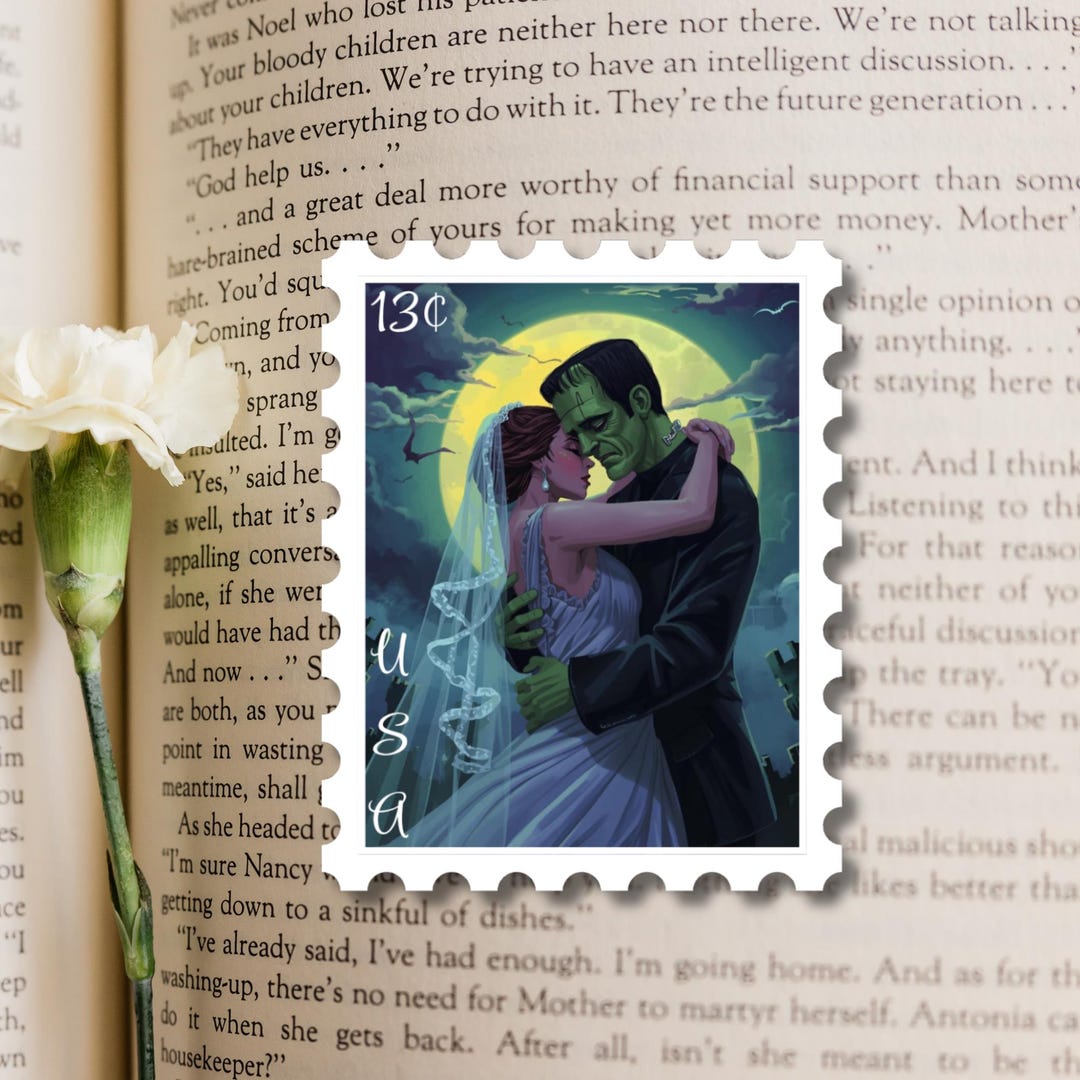 Frankenstein and Bride Stamp Sticker, Gothic Love Decor, Romantic ...