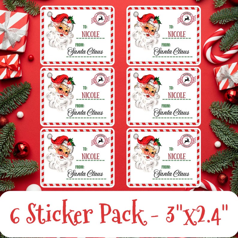 Vintage Santa Present Sticker Pack of 6, 12, 24+ | From Santa Christmas ...