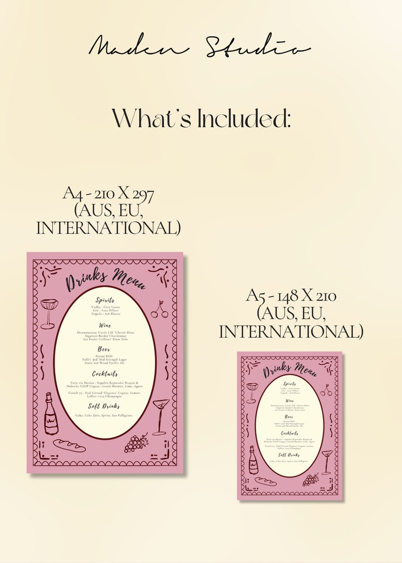 Bar + Drinks Menu Template, Hand Drawn Illustrations, Wedding Bar Menu ...