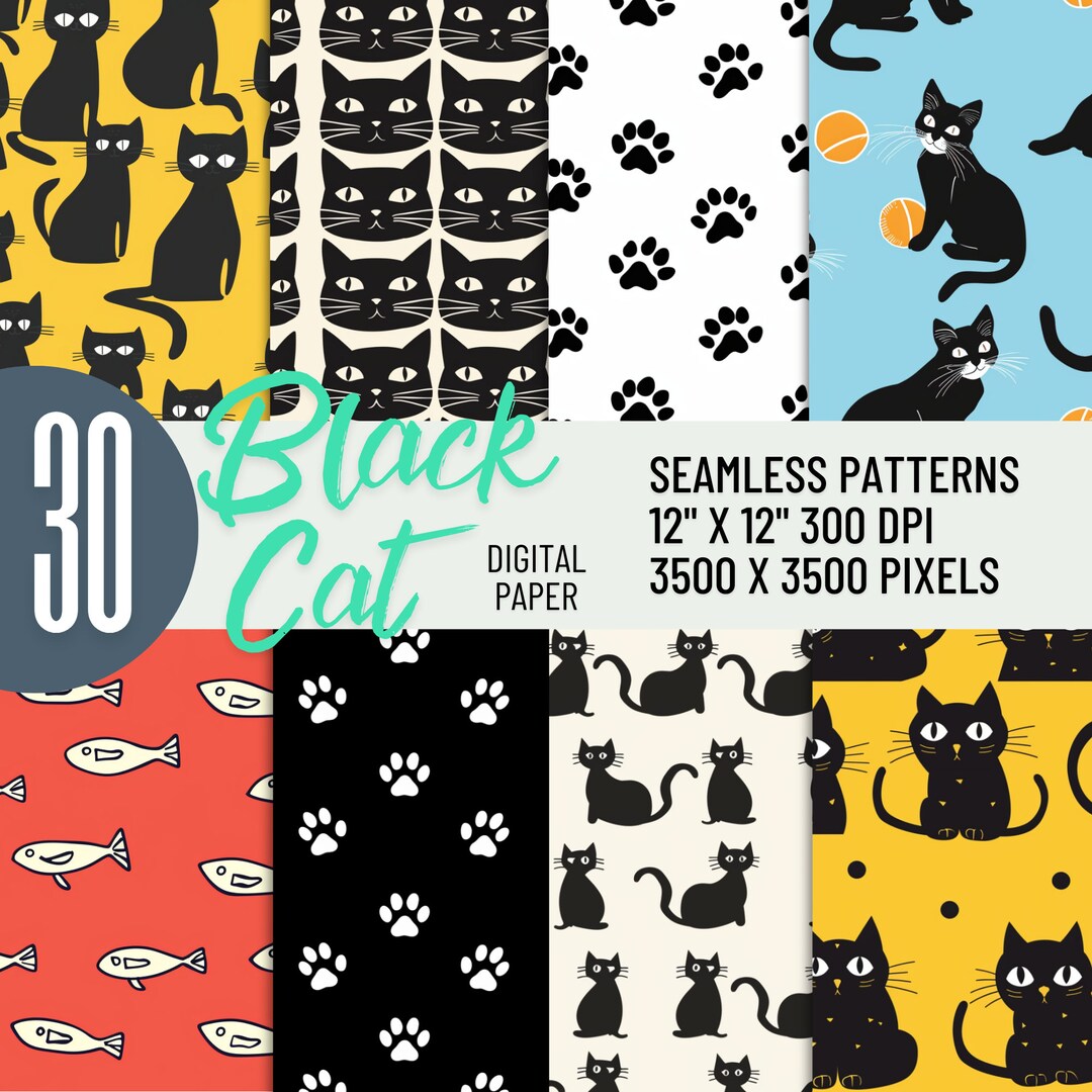 Printable Cat Backgrounds 30 Seamless Black Cats Patterns, Digital ...