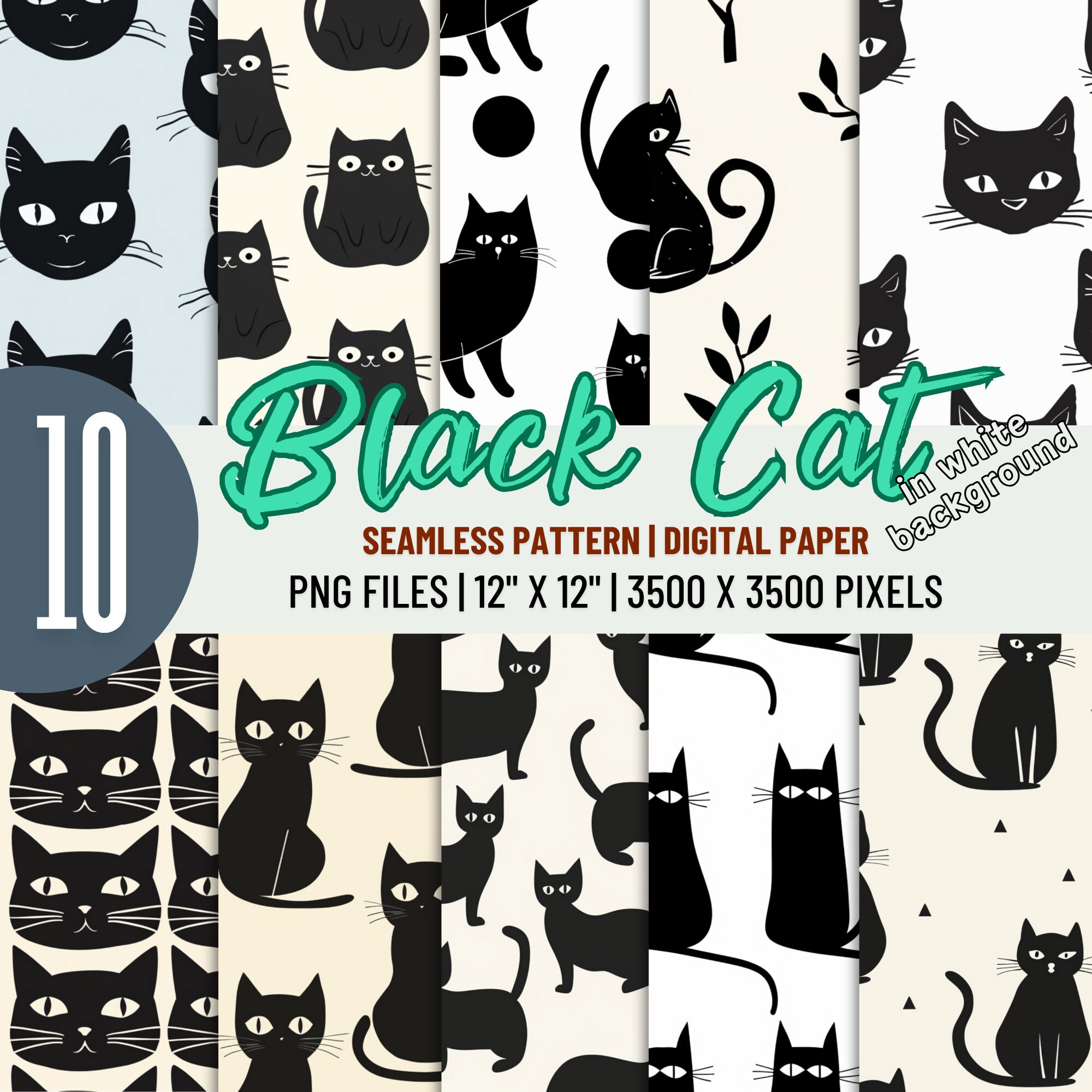 Cute Black Cat Background - Black & White Patterns Digital Paper Bundle ...