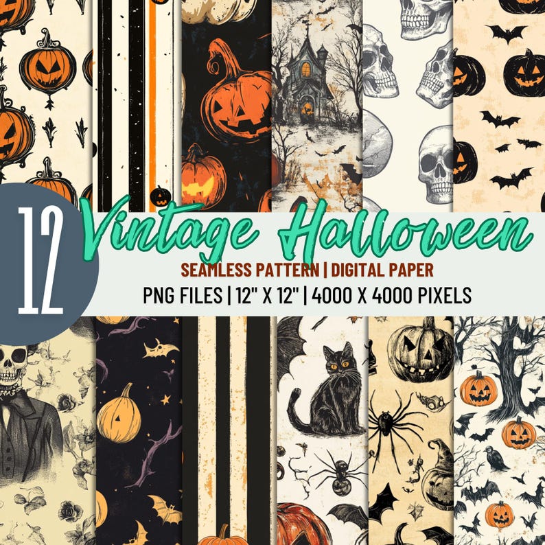 12 Vintage Halloween Theme Seamless Digital Papers - Retro Fall Pattern ...