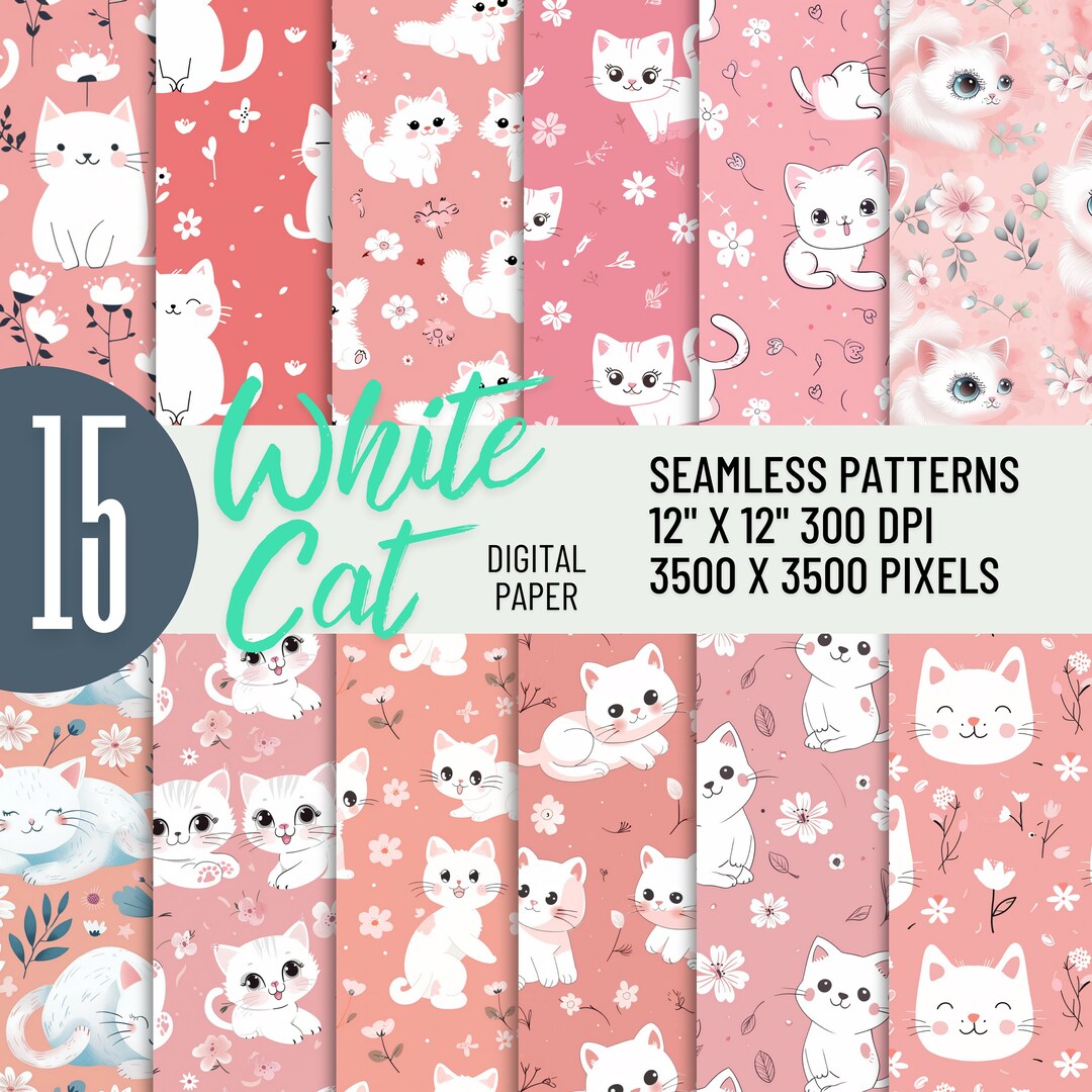 Cute Kitty Cat Background Pink Patterns Digital Paper Bundle, Digital ...