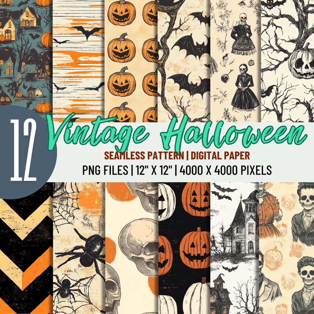 12 Vintage Halloween Theme Seamless Digital Papers - Retro Fall Pattern ...