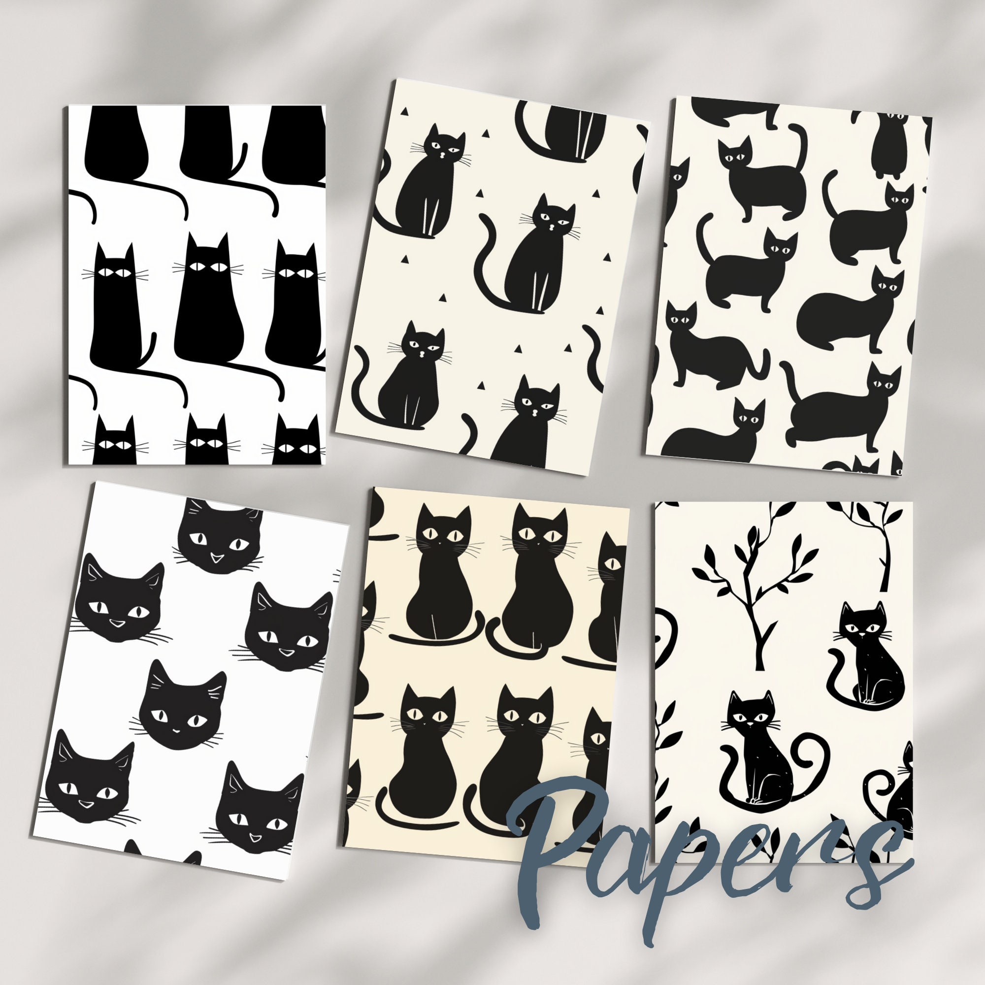 Cute Black Cat Background - Black & White Patterns Digital Paper Bundle ...