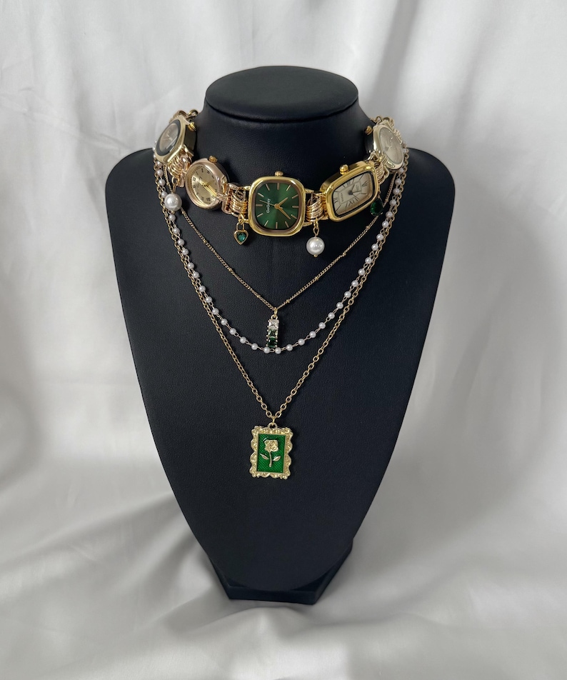 Green Watch Choker Necklace,vintage Charms Clock Choker,rose Chain ...
