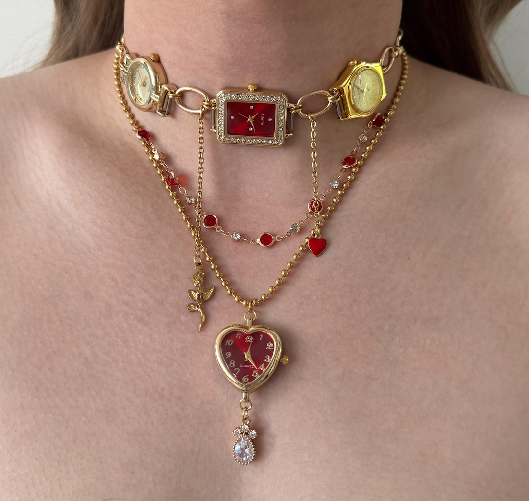 Vintage Red Heart Watch Choker,layered Gold Clock Necklace Retro ...