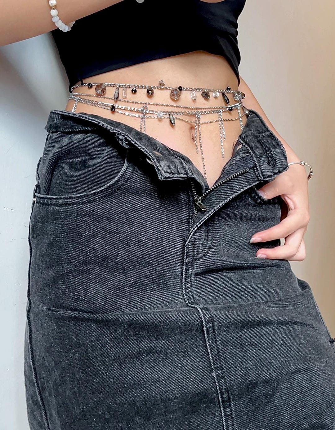Y2K Layered Belly Chain&necklace,elegant Punk Jewelry,crystal Charm ...