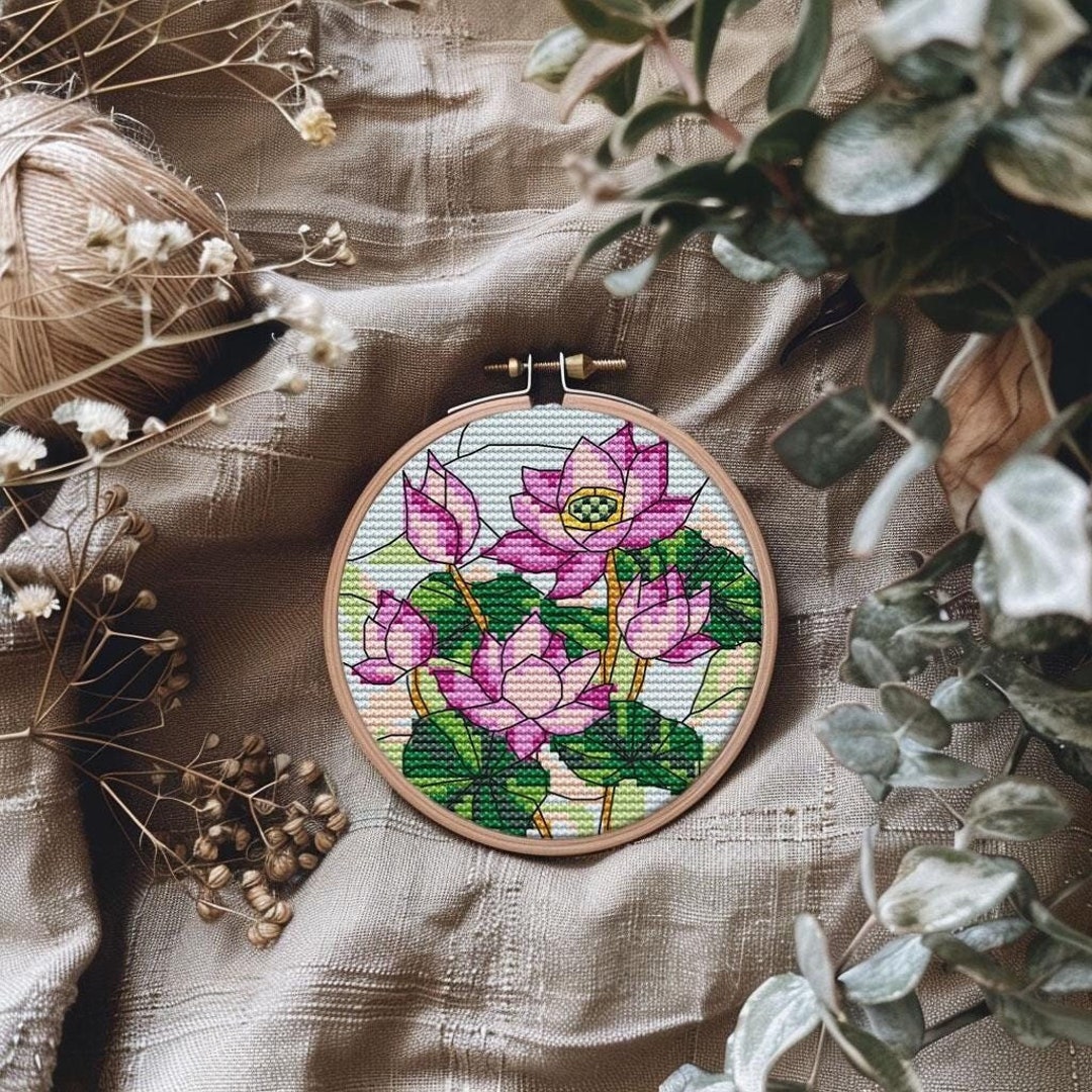 Stained Glass Lotus Cross Stitch Pattern PDF - Elegant Floral With Pink ...