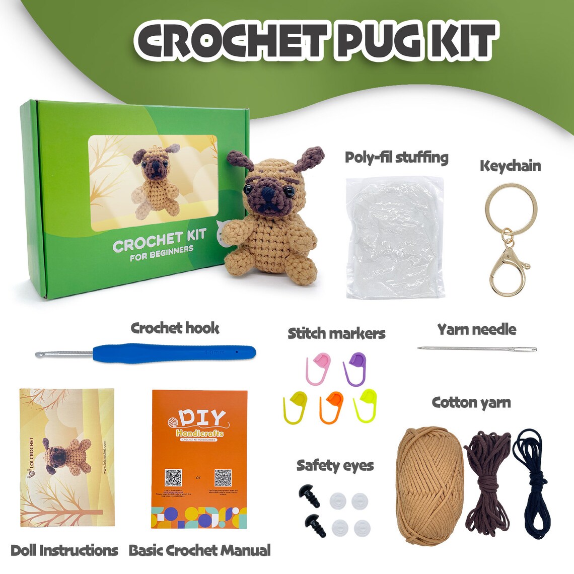Cute Pug Dog Crochet Kit for Beginners, Animal Amigurumi Crochet ...