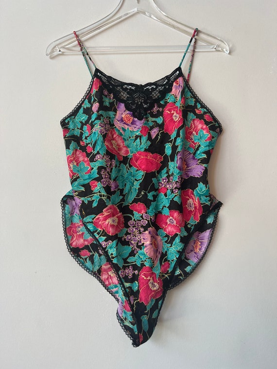 1980s High Leg Purple Floral Lace and Satin Teddy Bod… - Gem