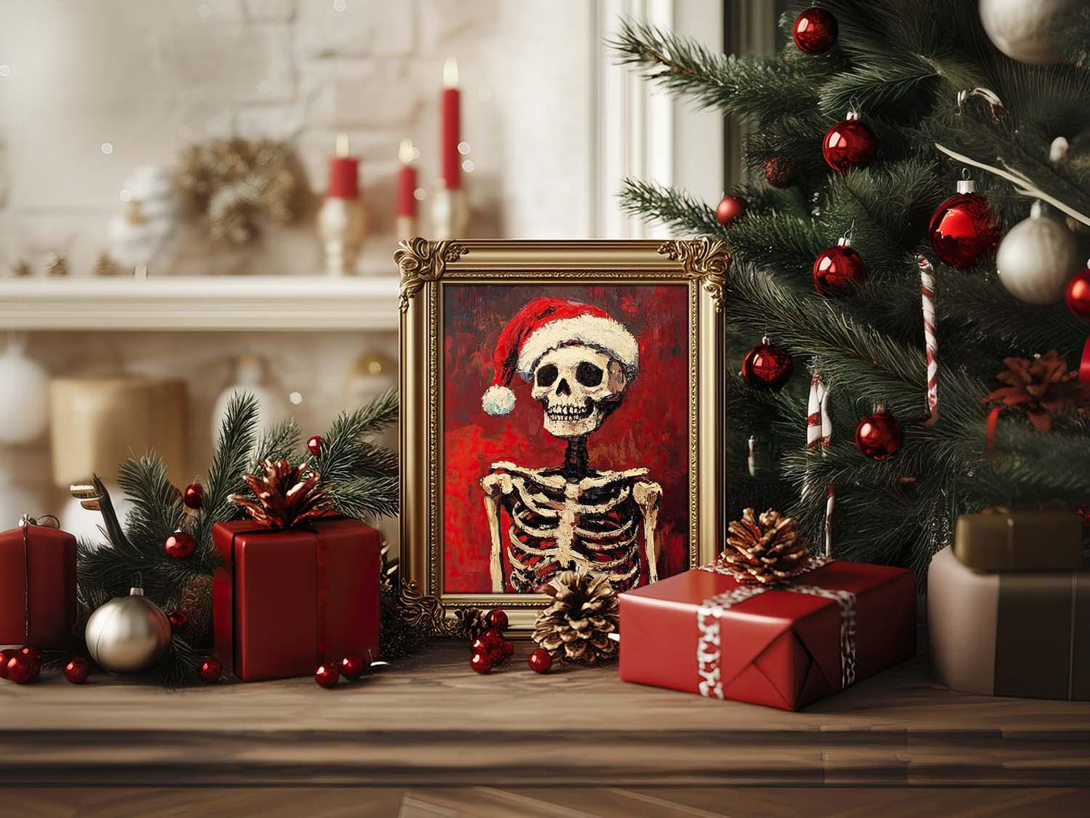 Gothic Christmas Decor Skeleton Santa - Unframed Skull Painting Art ...