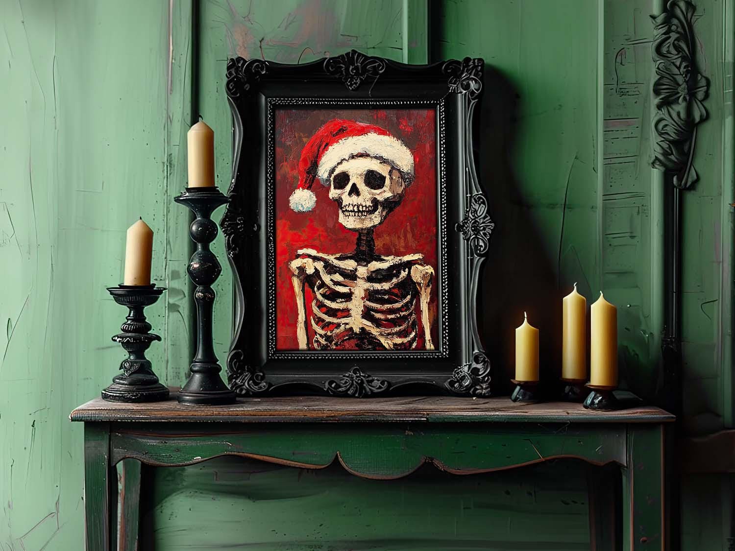 Gothic Christmas Decor Skeleton Santa - Unframed Skull Painting Art ...
