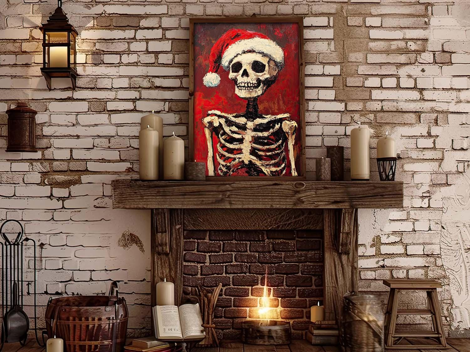 Gothic Christmas Decor Skeleton Santa - Unframed Skull Painting Art ...