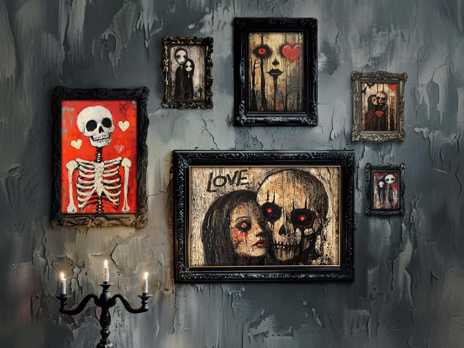 Valentines Day Decor Cute Skeleton Love - Unframed Skull Painting Art ...