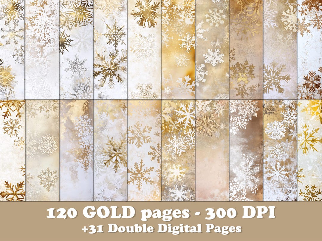 120 Golden Vintage Winter Digital Paper, Snowflake Clipart, Junk ...