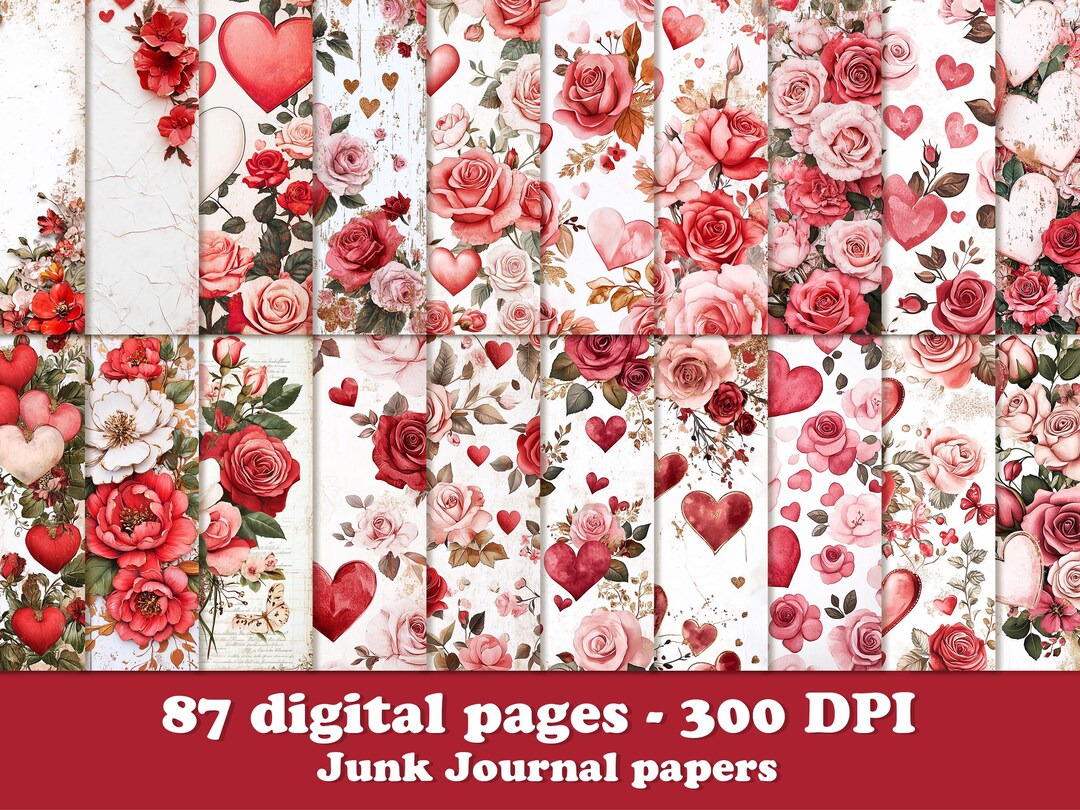 87 Junk Journal Valentine Papers, Heart Wedding Clipart, Red Rose Paper ...