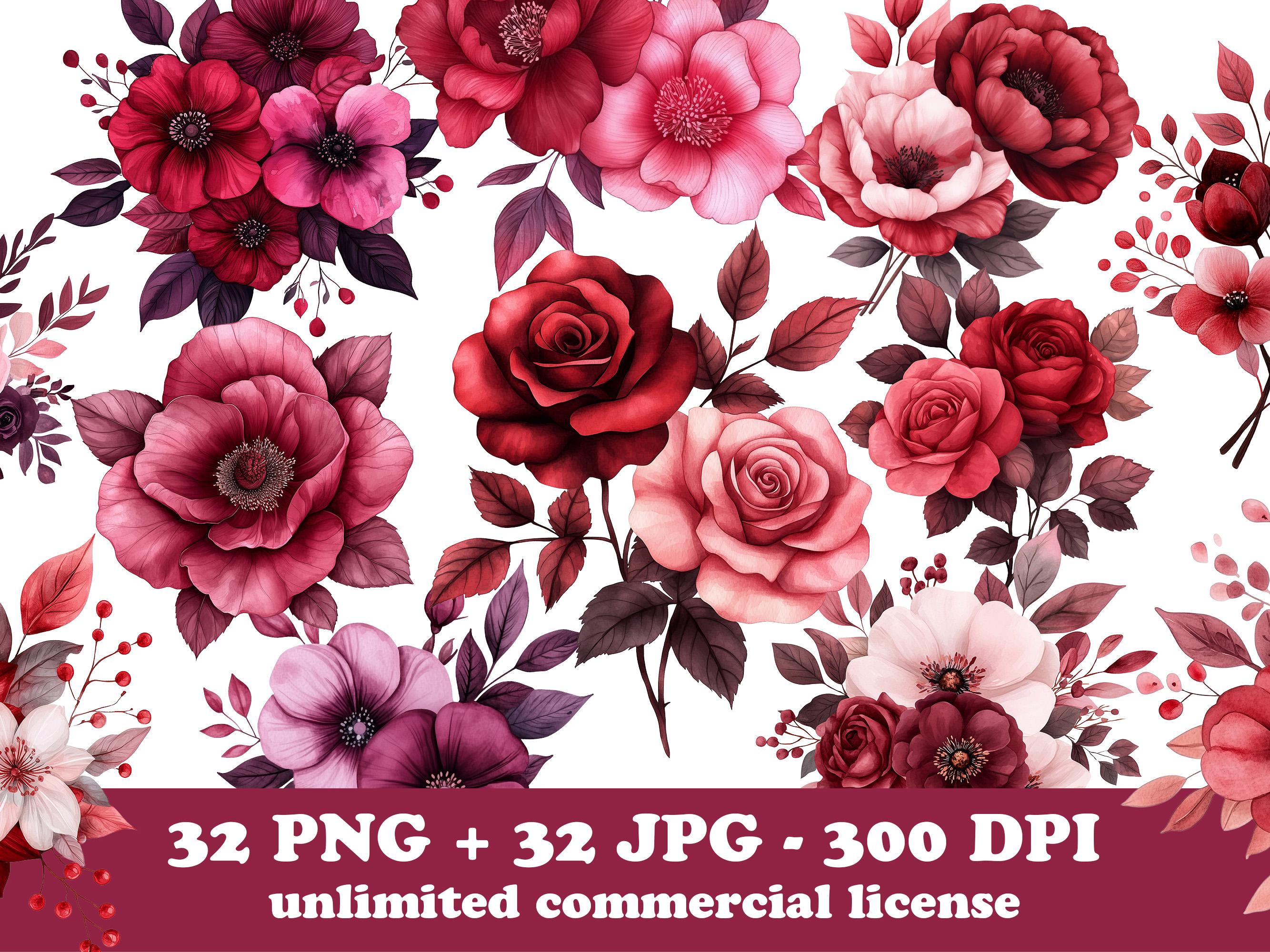 32 Watercolor Flower Clipart, Red Pink Flowers Clipart PNG, Roses ...