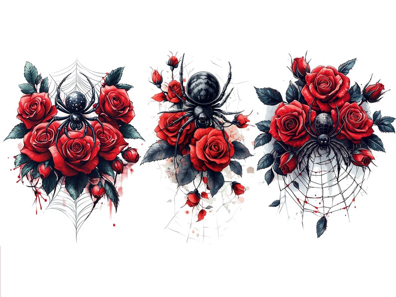 3 Floral Spider PNG, Spider Web Clipart, Watercolor Red Rose PNG ...