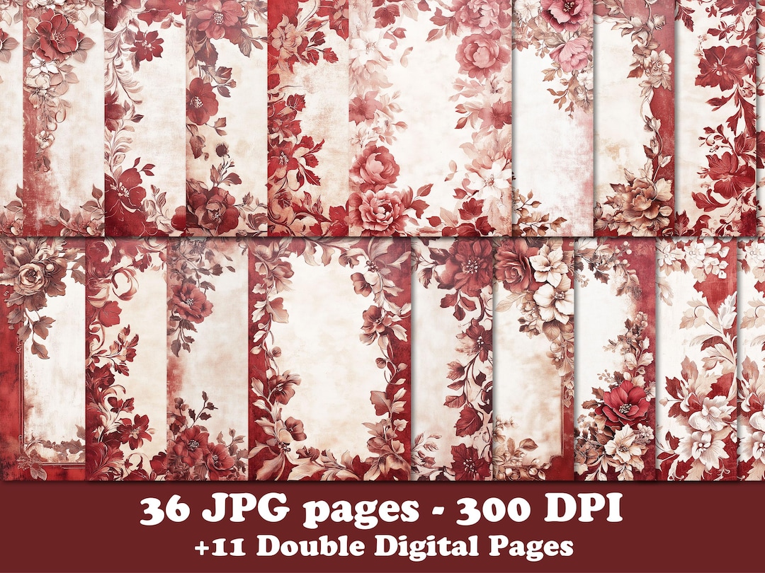 36 Floral Digital Paper Frames, Scrapbook Junk Journal Pages, Red ...