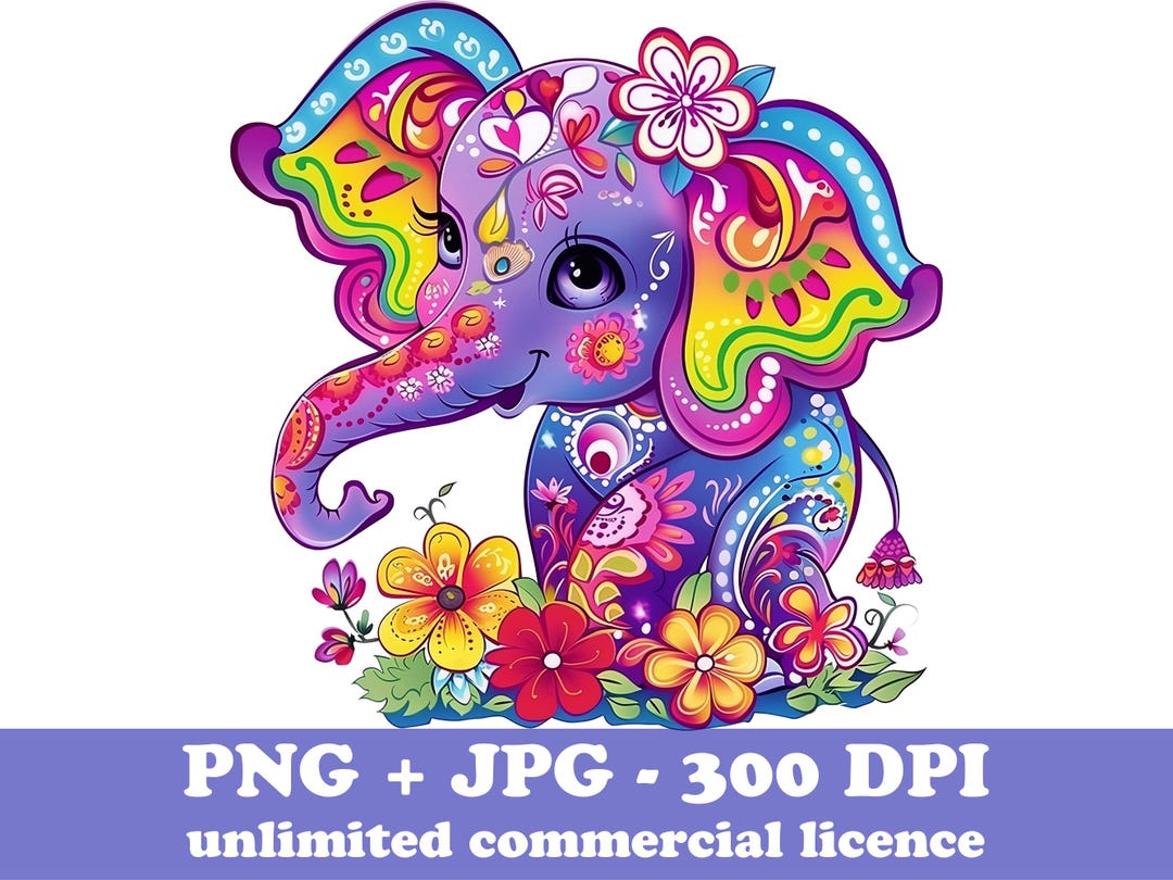 Watercolor Floral Elephant Clipart, Purple Flower Elephant Png, Neon ...