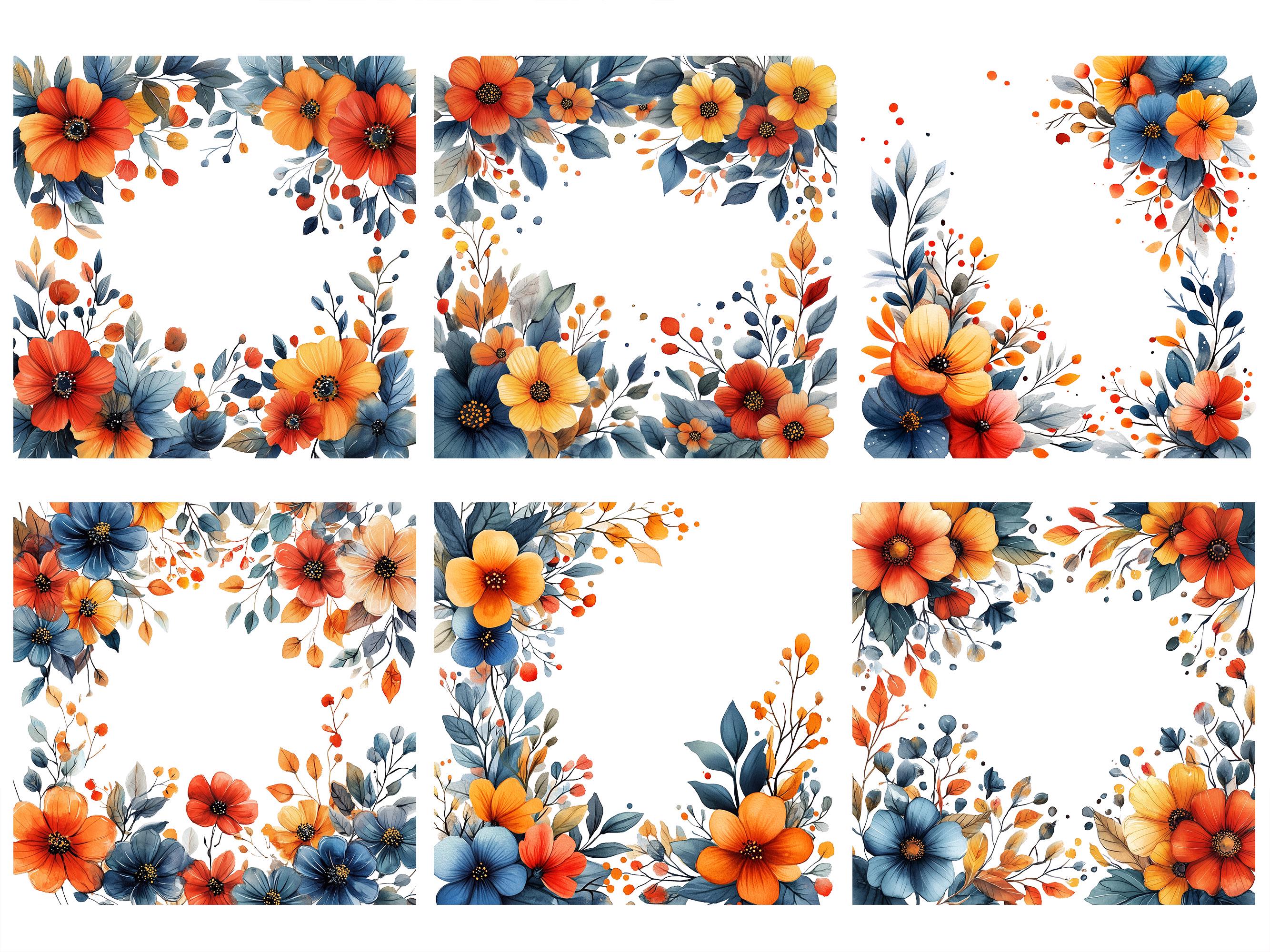 13 Autumn Flower Border Clipart, Watercolor Fall Flower Border PNG ...