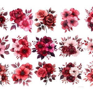 32 Watercolor Flower Clipart, Red Pink Flowers Clipart PNG, Roses ...