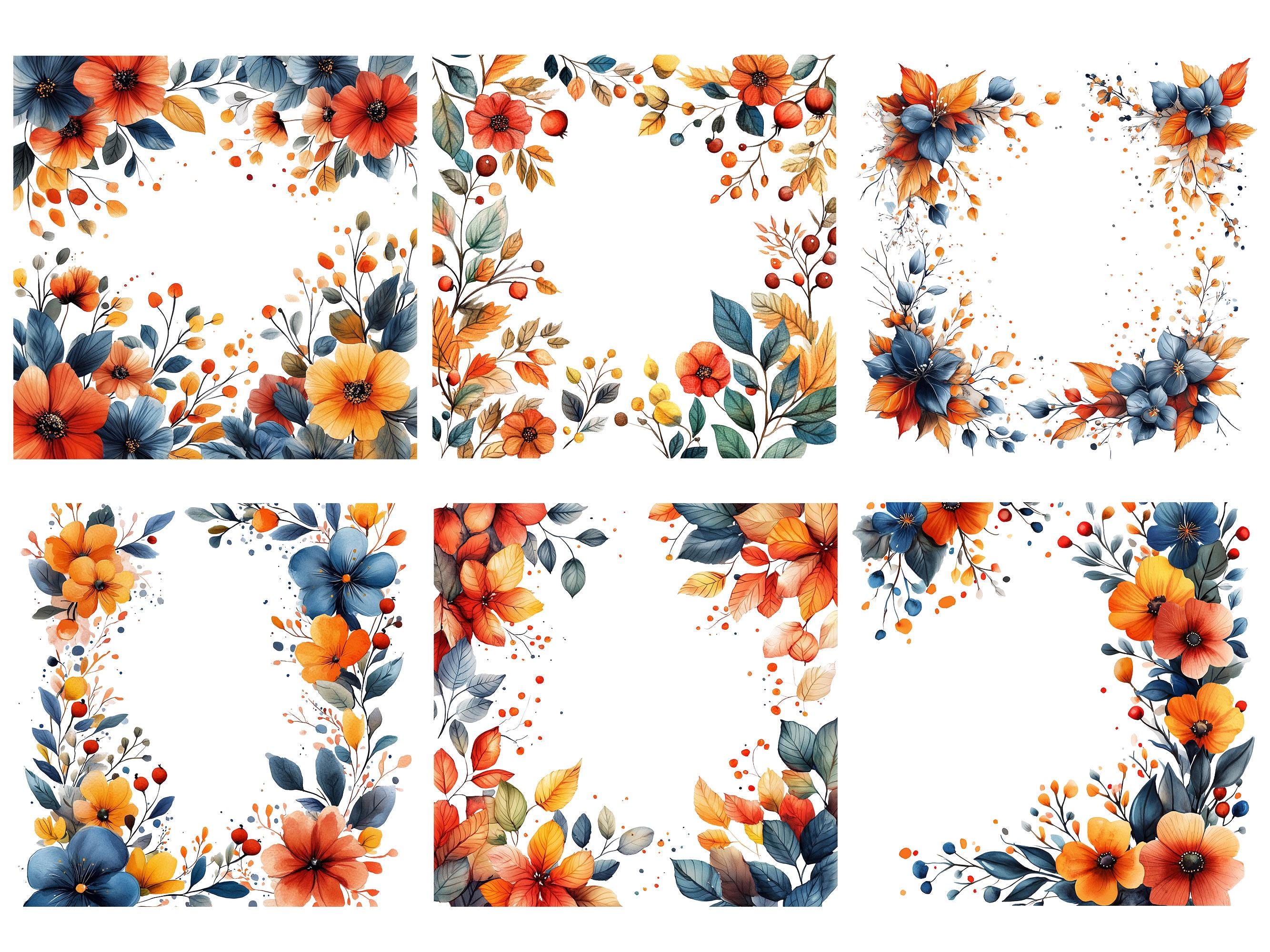 13 Autumn Flower Border Clipart, Watercolor Fall Flower Border PNG ...