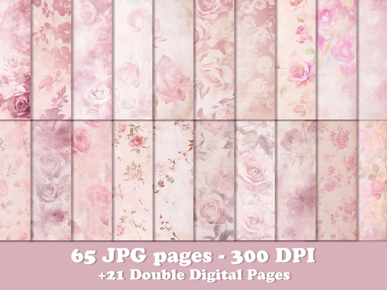 65 Floral Digital Paper, Scrapbook Junk Journal Pages, Pink Flowers ...