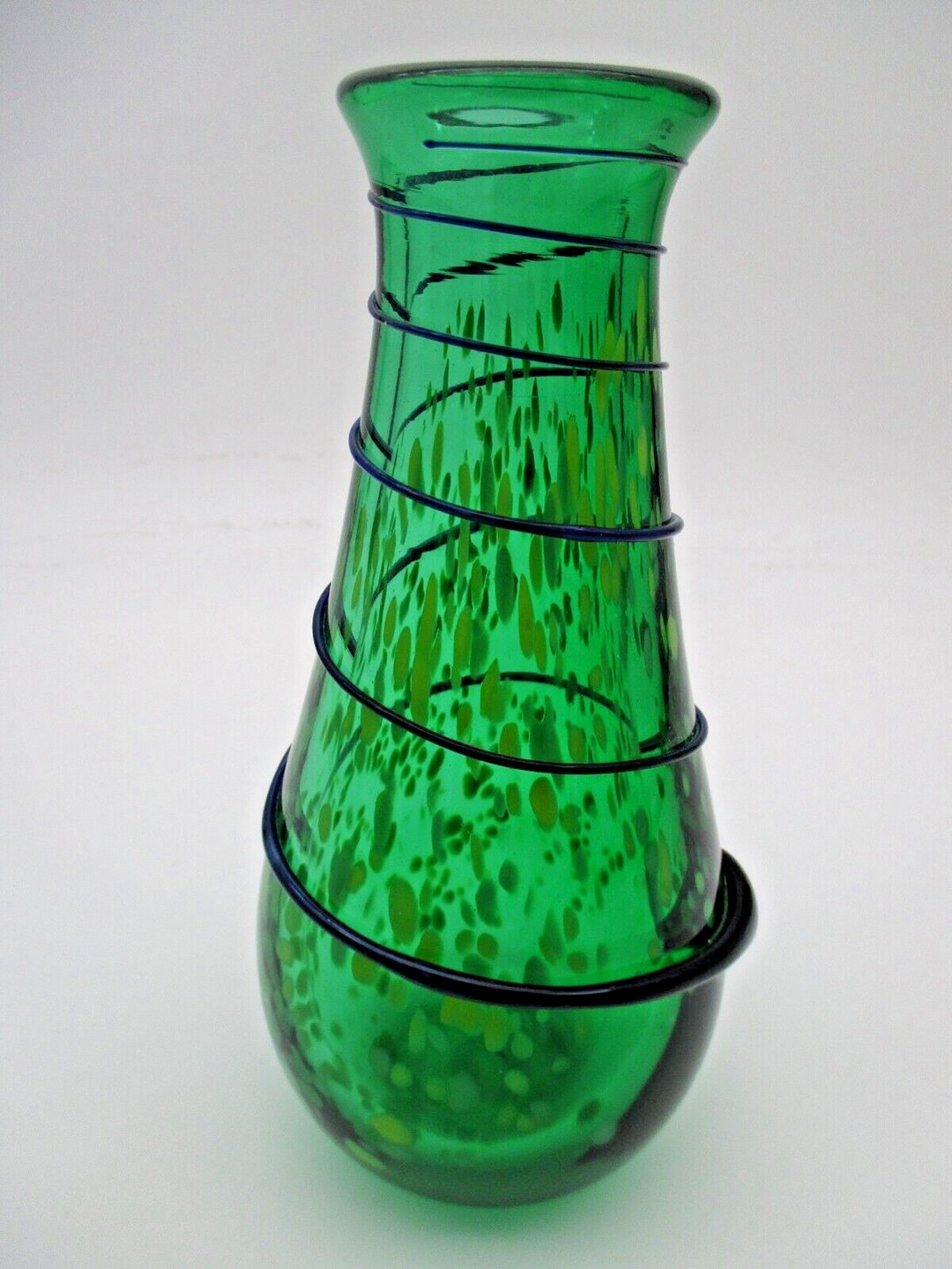 Signed Threaded Artisan Art Glass Vase Artist George Machart Emerald ...